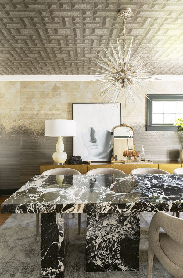 Dining room features marble table made by homeowner - DesignNJ